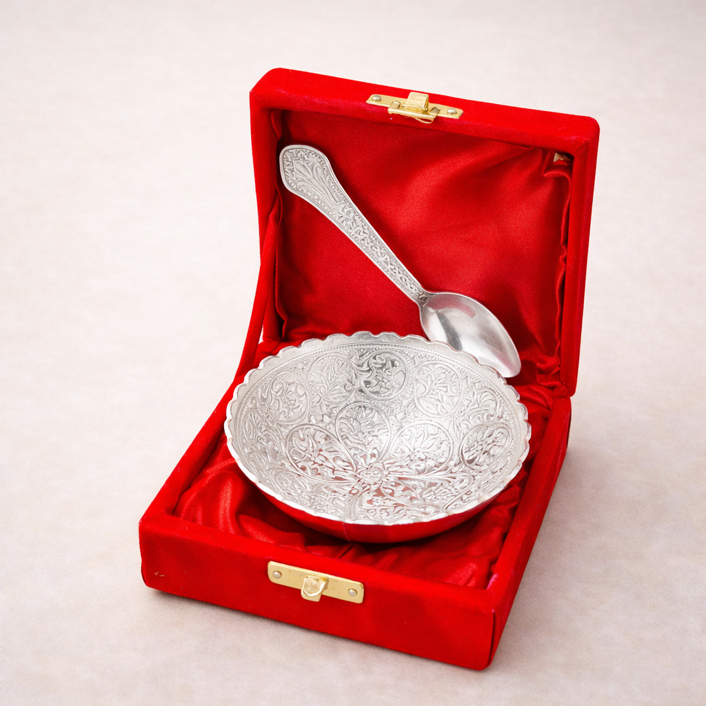 German Silver Bowl & Spoon Set with Velvet Box (4 Inch) – Swastik Hampers