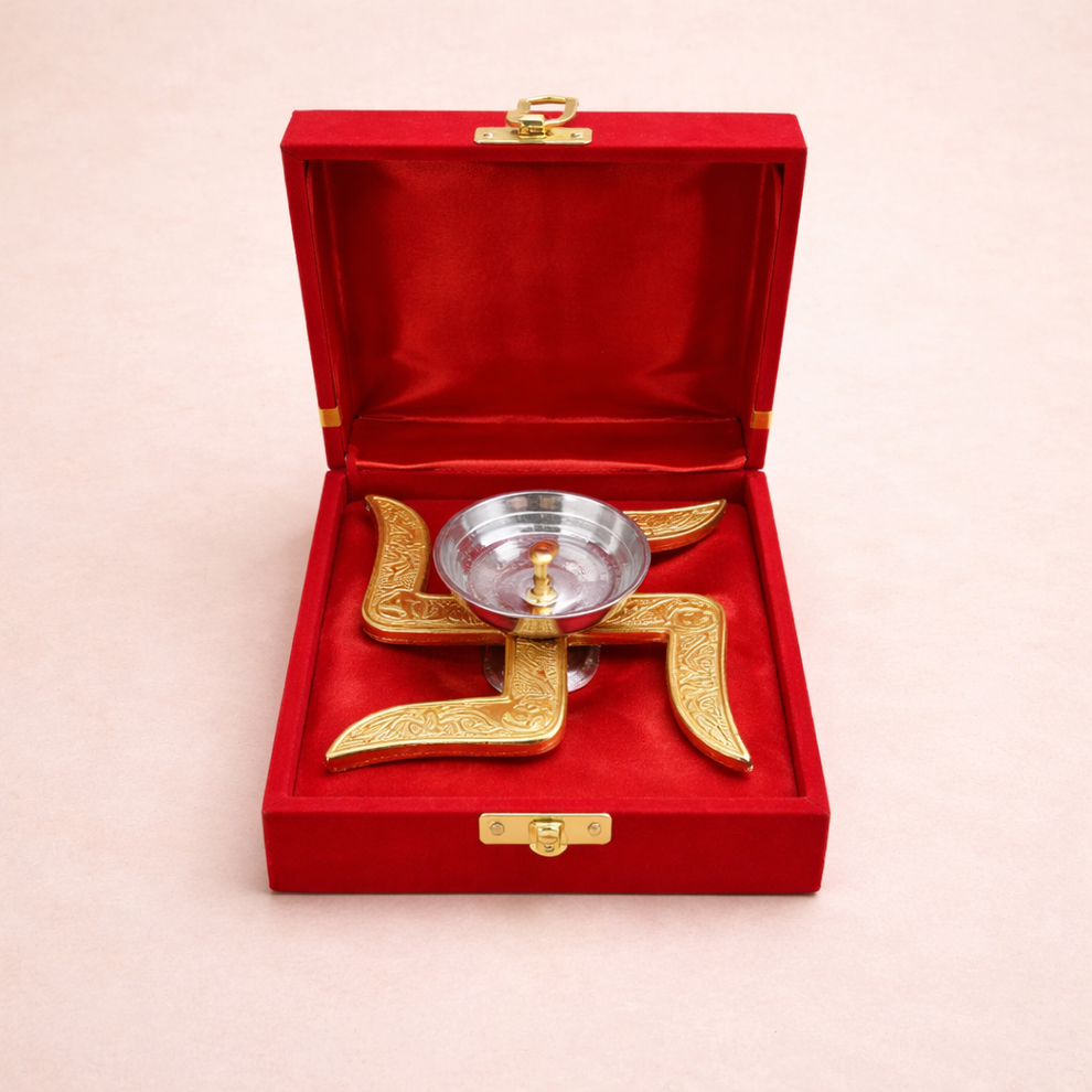 Golden Swastik Diya with box – Swastik Hampers